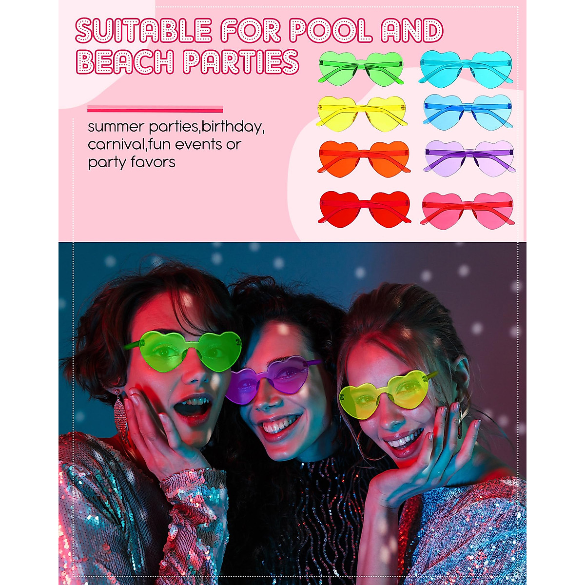 Sherr 48 Pairs Rimless Sunglasses Neon Party Supplies Glasses Plastic 80s Funky Sunglasses for Women Men (Neon Color,Heart Shape)