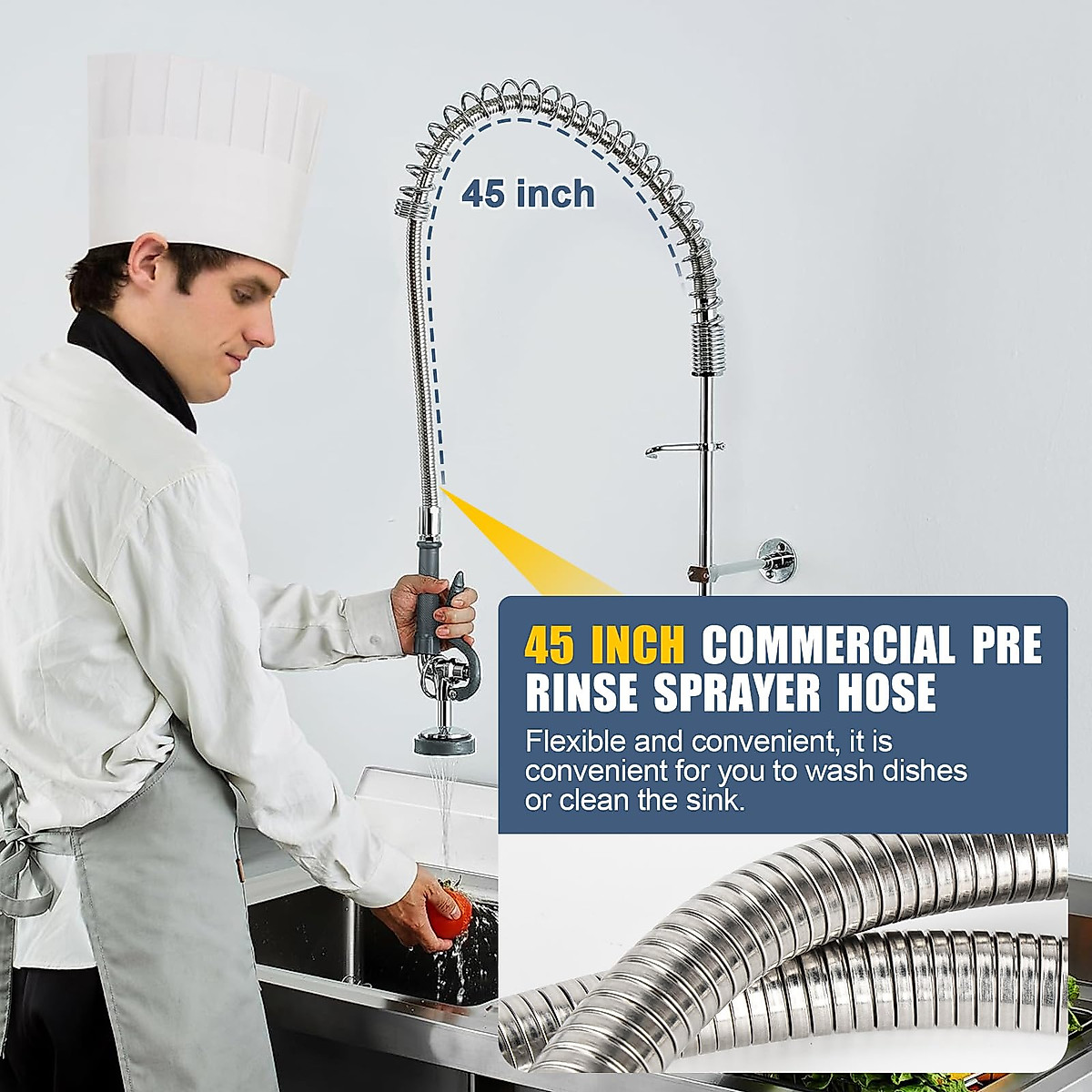 45" Commercial Sink Sprayer Hose, 45 Inch Pre Rinse Hose with Stainless Steel Spring & Heat Resistant Handle, Sink Hose Spring Replacement for Commercial Restaurant Industrial Kitchen Sink Faucet