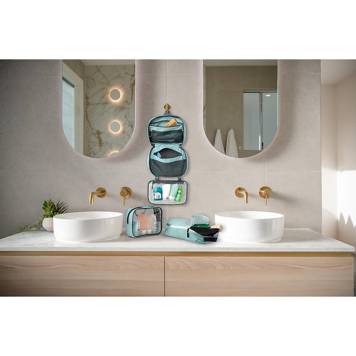 Toiletry Bag Kit Set: Hanging Travel Toiletry Bag + 311 TSA Cosmetic Liquid Bag + Ultralight Accessory Organizer Pouch (Dusty Teal)