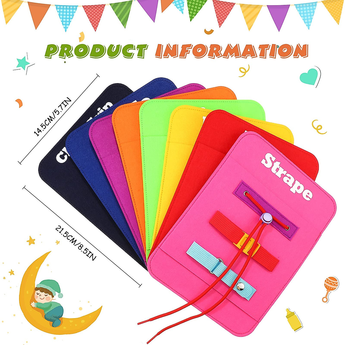 8 Pieces Early Learning Toys Toddlers Learn to Dress Practice Boards Basic Life Skills Busy Board Includes Zip, Snap, Button, Buckle, Lace and Tie for Preschool Education Classroom Supplies Activity