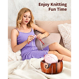 Large Yarn Bowl Holder, 8.7''Knitting Bowl with 9pcs Crochet Hooks, Wooden Yarn Holder Dispenser Yarn Storage Bowls for Crocheters Knitters Craft (Brown 8.7inch)