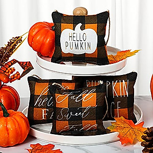 4 Pieces Christmas Mini Pillows Decorations Buffalo Plaid Pillow Plaid Mini Throw Pillow Tiered Tray Decor Home Living Room Bedroom Thanksgiving Party Fall Decor for Tiered Tray(Orange and Black)