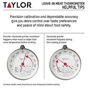 Taylor Leave-in Meat Oven Safe Compact Analog Dial Meat Food Grill BBQ Kitchen Cooking Thermometer, 3 inch dial, Stainless Steel