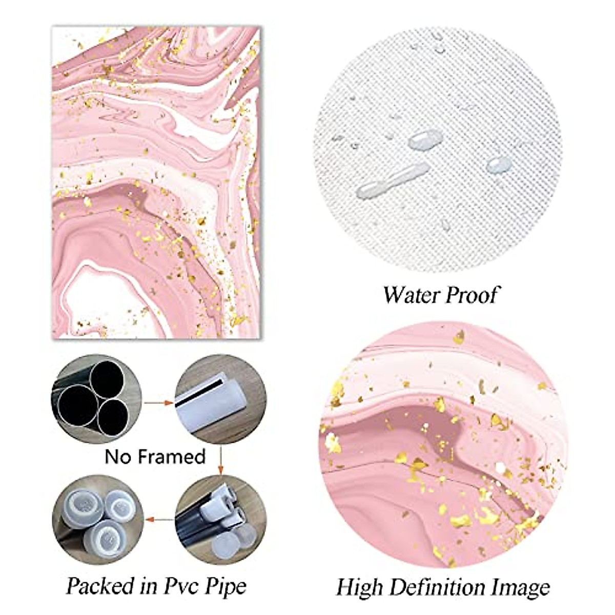 Pink Marble Canvas Wall Art Pink and Gold Abstract Art Gold Foil Artwork Gold Glitter Art Blush Pink Glitter Pictures Pink Gold White Painting Modern Abstract Marble Art Prints 16x24inchx3pcs No Frame