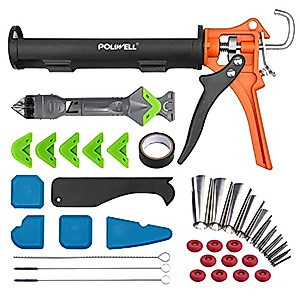 Caulking Tool Kit Silicone Caulking Gun Drip-Free Smooth Rod 10oz Cradle Hand Caulking Gun with Multifunction Grout Scraper and Caulk Nozzle Finisher Sealant Finishing Tool 36PCS in Total