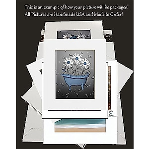 Bathroom Wall Decor, Blue Wall Pictures, Daisy Flower Bubbles Matted Wall Art Picture