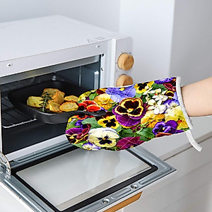 Oven Mitts and Pot Holders Set,Oven Glove Cooking Mitts Hot Pad,Flower Pansies Heat Resistant Kitchen Cooking Mitts Gift for Baking Grilling