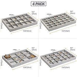 DIOMMELL Set of 4 Stackable Velvet Jewelry Trays Organizer, Jewelry Display Storage Box Showcase Holder Dresser Drawer Organizer for Earring Necklace Bracelet Ring Accessary, Grey