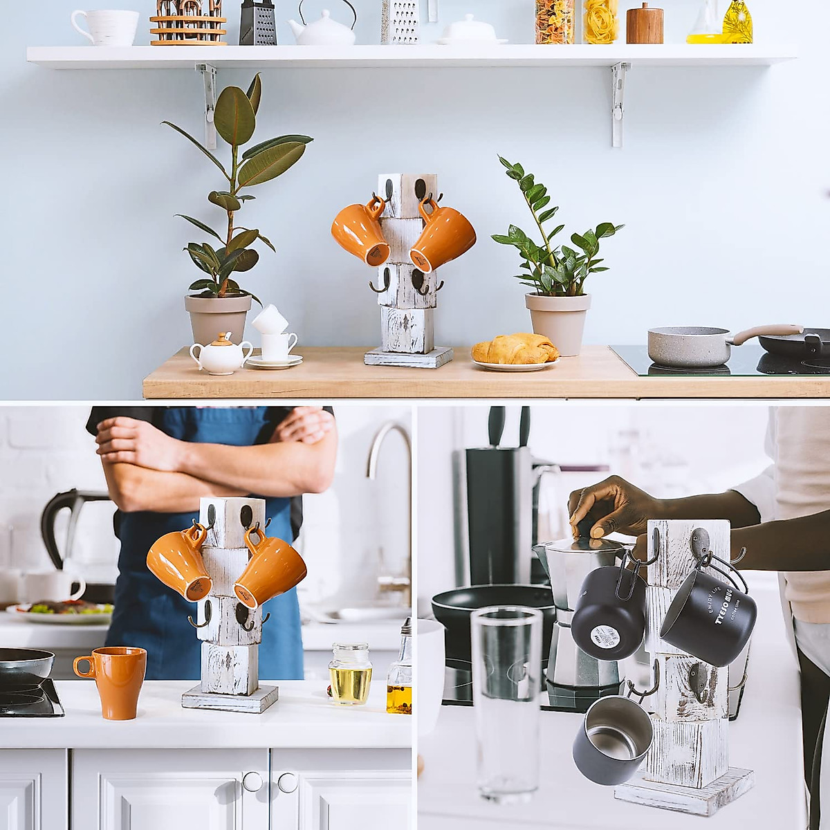 LIERONE 8 Hooks Coffee Mug Holder for Counter Rustic Solid Wood Mug Tree Farmhouse Wooden Coffee Cup Rack Distressed Mug Stand (White)