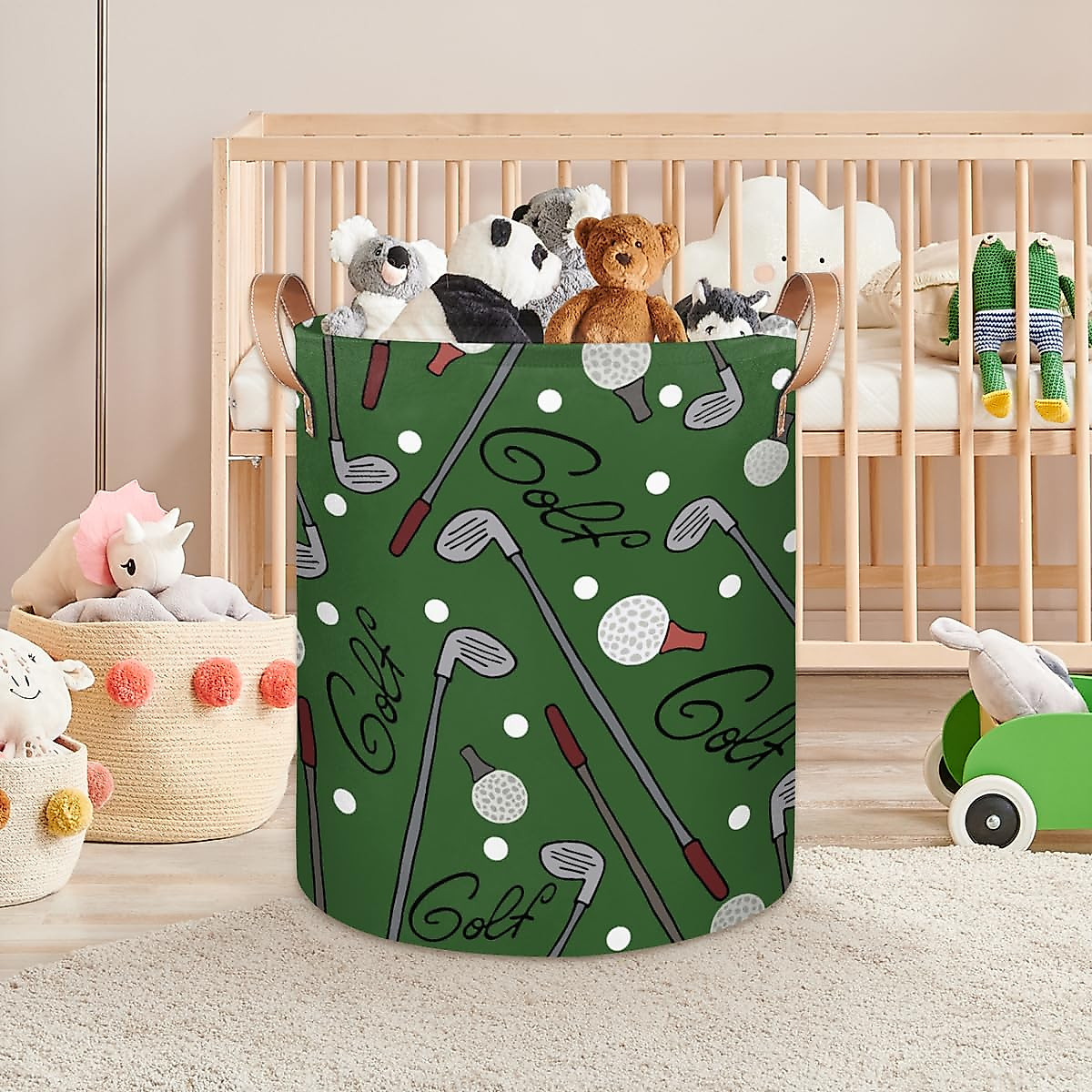 Large Laundry Basket Collapsible Laundry Hamper Cartoon Green Golf Ball Sport Laundry Bag with Handles Tall Clothes Hamper Toys Storage Basket Bin for Nursery College Dorm (70L)