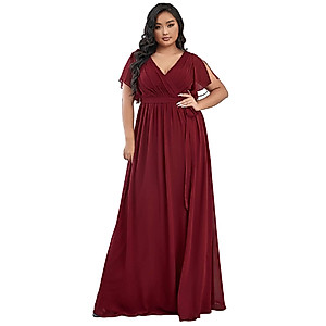 Ever-Pretty Plus Women's V-Neck A-Line Ruched Bust Ruffle Sleeves Plus Size Maxi Formal Evening Gown Burgundy US20