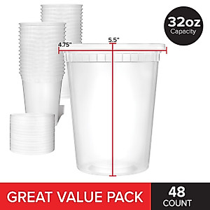 Stock Your Home 32oz Plastic Deli Containers with Lids (48 Pack), Disposable Plastic Food Storage Containers with Lids, Reusable Freezer Containers, To Go Soup Containers with Lids, Microwave Safe