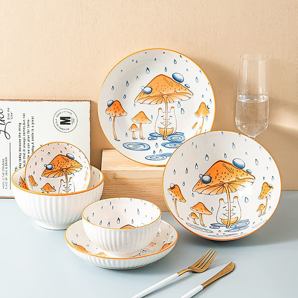 Bicuzat Cute Mushroom Pattern Ceramic Bowls Set Soup Bowls Dessert Bowls, 6 Inch, Set of 2