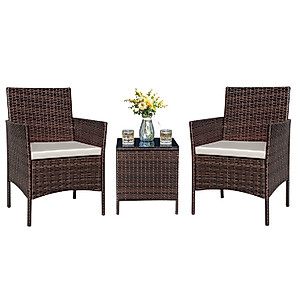 Greesum 3 Pieces Patio Dining PE Rattan Wicker Chair Furniture Set with Cushion and Glass Coffee Table for Outdoor Garden Backyard Poolside, Brown and Beige