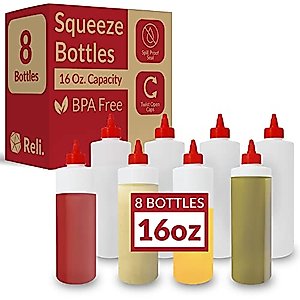 Reli. Plastic Squeeze Bottles, 16 oz. | 8 Pack | Condiment Squeeze Bottles for Sauces | Clear w/Red Twist Cap | 16 Ounce Hot Sauce, Ketchup Bottles | Squirt Bottles for Condiments, Olive Oil, Liquids