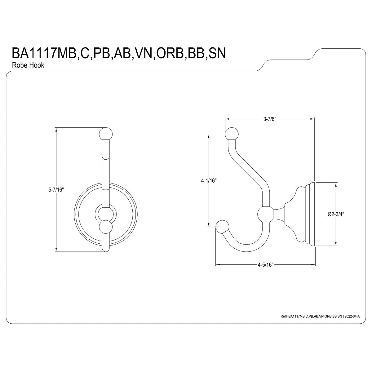 Kingston Brass BA1117C Victorian Robe Hook, 5-7/16-Inch, Polished Chrome