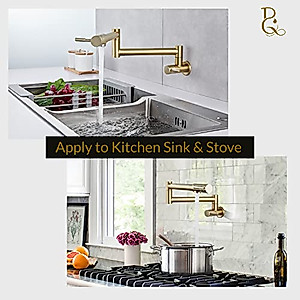 Brassqueen Wall Mounted Pot Filler Kitchen Faucet, Brushed Gold Finish, 2.2 GPM, 15 L/min, 1/2 NPT Connecting Thread, Stainless Steel Core, Dual Ceramic Valves, Anti-Scratch Matte Plating
