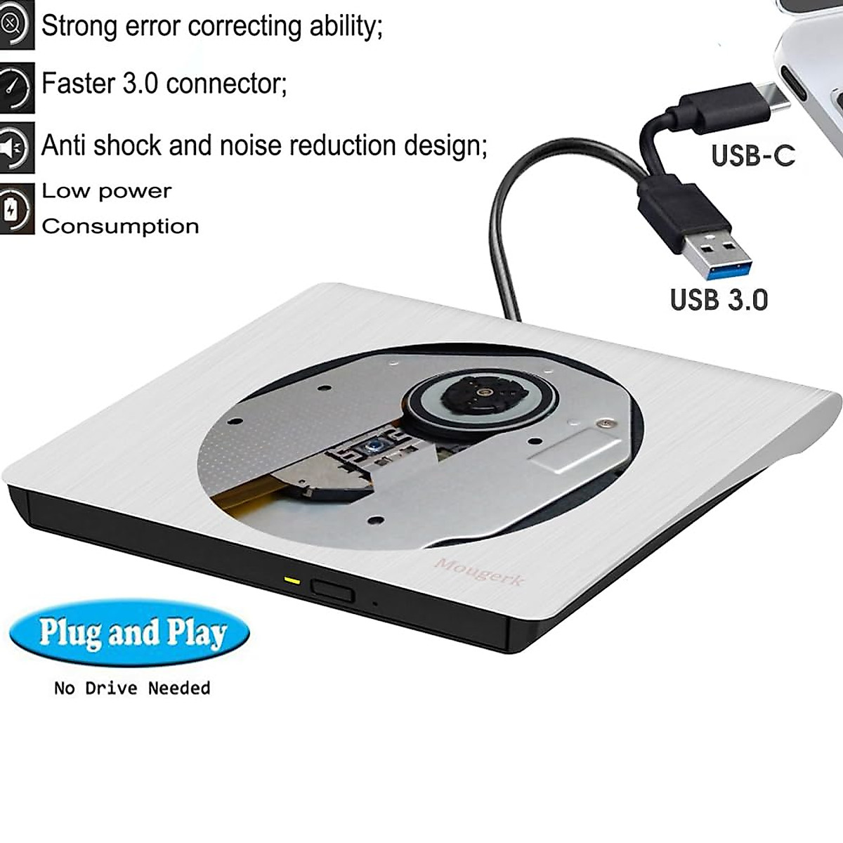 Mougerk External DVD Drive, Portable Type-C USB 3.0 DVD CD Drive Player DVD/CD +/-RW ROM Reader Rewriter Burner for Laptop MacBook Pro Desktops (White)
