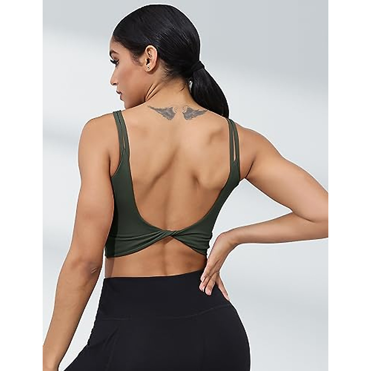 LUYAA Yoga Tank Tops for Women Workout Bras Open Back Crop Top with Built in Bra Cute Sports Bra Supportive Deep Green M