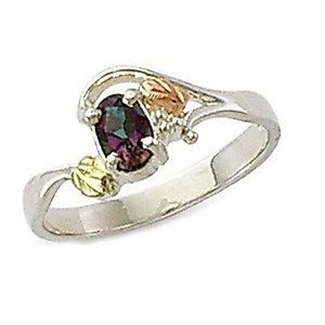 Rhodium-Plated Sterling Silver Small Oval Mystic Fire Topaz Ring, 12k Rose and Green Gold Black Hills Gold, Size 7.5
