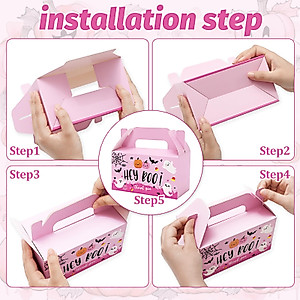 JarThenaAMCS 50Pcs Pink Halloween Paper Boxes Ghost Pumpkin Bat Treat Boxes Hey Boo Gift Boxes with Handle for Halloween Party Favor Supplies