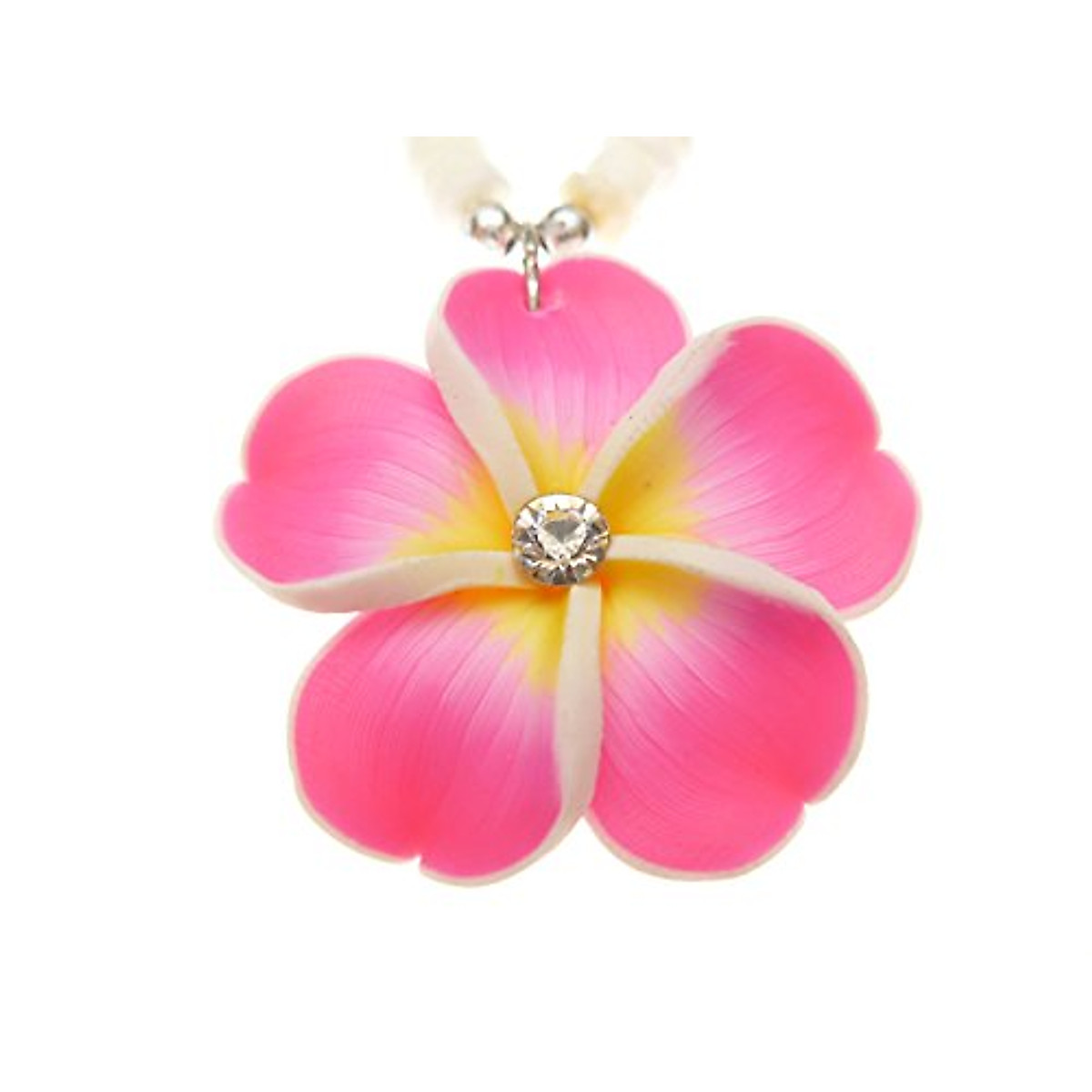 Aloha Passion Pink w/C.Z. Stone Fimo Flower on White Clam Shell Necklace 18"