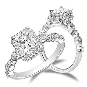 DovEggs Center 2ct 6X8mm G-H-I Color Radiant Cut Moissanite Hidden Halo Engagement Ring with accents 14k Gold Quality Silver Engagement Ring for Women(Engagement Ring Only, 7)