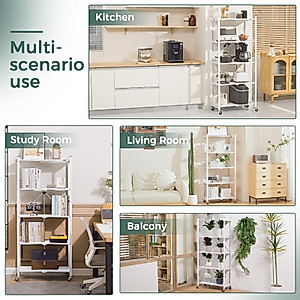 DEANIC 5-Shelf Folding Bookcase with Wheels, Heavy Duty Storage Shelves, Freestanding Metal Wire Shelving Unit for Living Room, Office, Kitchen, Basement, Pantry (White)