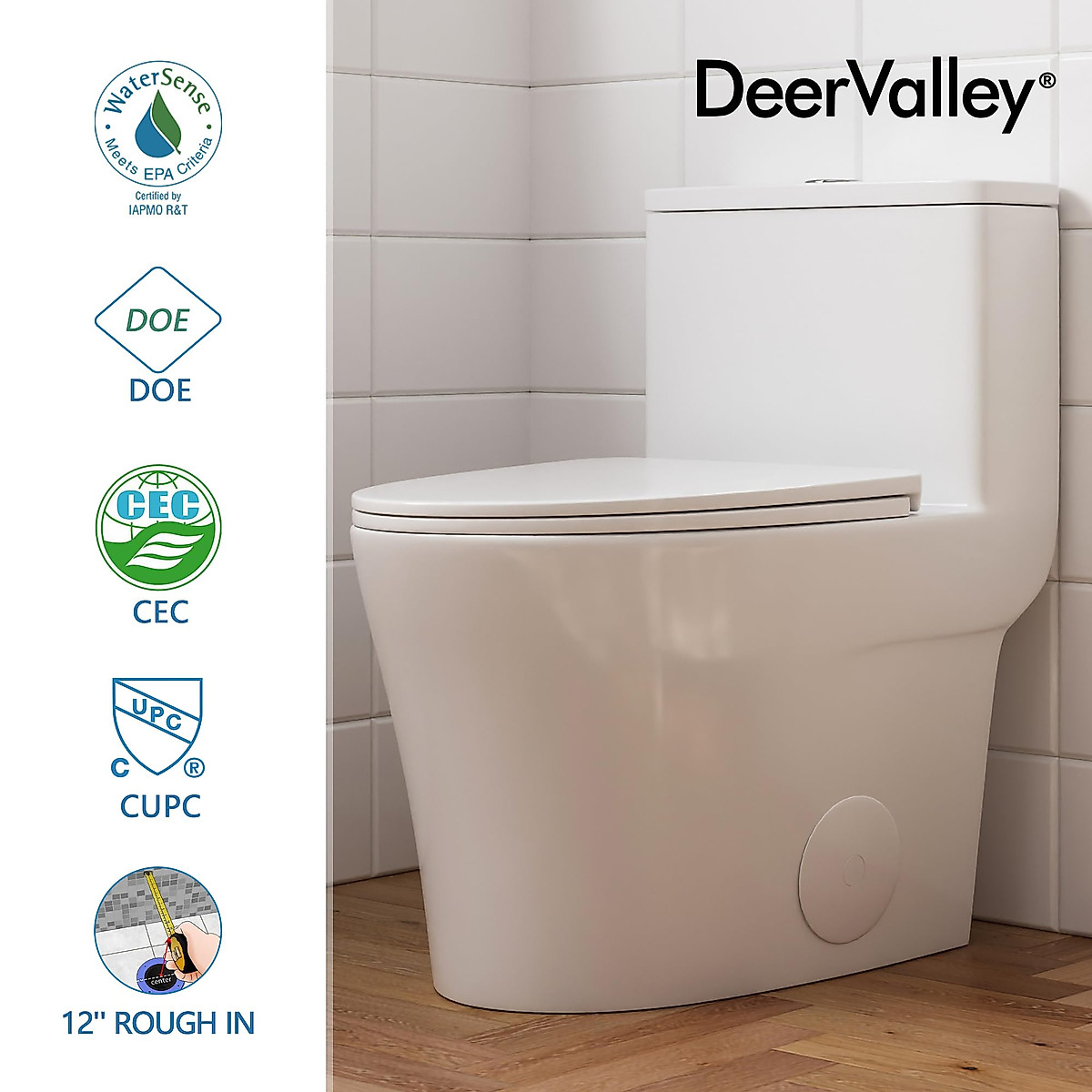 DeerValley DV-1F52807 Symmetry One Piece Toilet Elongated, Small Toilet Compact Modern One Piece Toilet with Soft Close Toilet Seat Ceramic Glossy White Toilets Single Flush for Small Bathroom Space