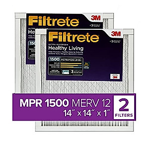 Filtrete 14x14x1 Air Filter, MPR 1500, MERV 12, Healthy Living Ultra-Allergen 3-Month Pleated 1-Inch Air Filters, 2 Filters
