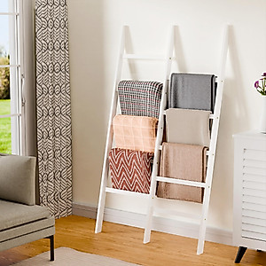 Daflymaco Blanket Ladder for Living Room - 10-Tier Bamboo Wood Blanket Ladder Quilt Ladder Rack Modern Decor Wall Leaning Ladder for Blankets Easy Assembly Blanket Holder for Home Bathroom White