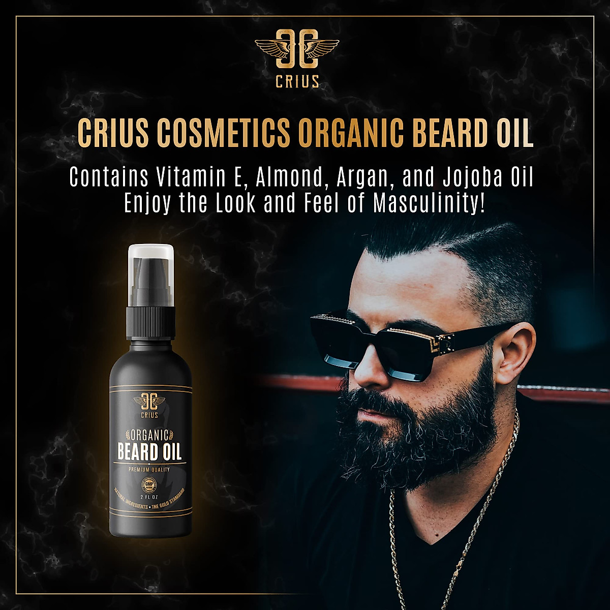 CRIUS COSMETICS Beard Oil For Men with Vitamin E, Almond, Argan, and Jojoba Oil, Enhanced Beard Growth, Soft Facial Hair, Beard and Mustache Moisturiser, Organic, GMP-Certified, Non-GMO, 2 Oz.