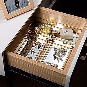 Feyarl Gold Clear Glass Vanity Tray Jewelry Trinket Rings Earrings Organizer Perfume Collection Display Decorative Tray for Dressr Drawer Office Tabletop (7.87Inch)