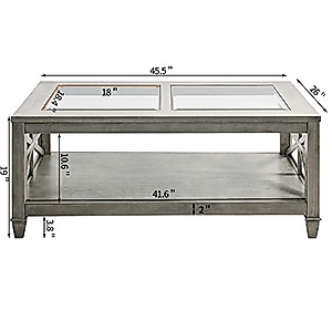 LEEMTORIG Farmhouse Coffee Tables for Living Room, Grey Coffee Tables Rustic Solid Wood Coffee Table with Storage Shelf, Glass Cocktail Table Center Table, 45.5"x26"x19", Antique Grey KFZ-1318-AN