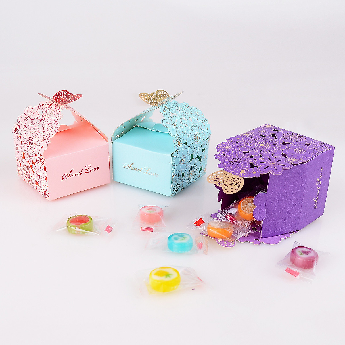 Wolfteeth Party Favor Boxes, Wedding Favors Boxes, Small Candy Boxes for Gift Giving, Laser Cut Floral Boxes, Thank You Gifts Wrap Boxes for Bridal Baby Shower Birthday Christmas, 100 Pack, Blue