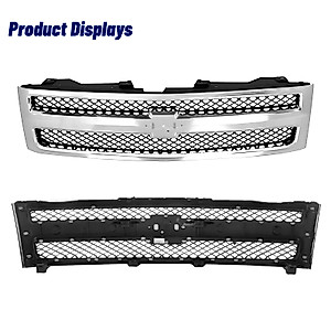 JustDrivably Replacement Parts Front Grille Grill Assembly With Chrome Frame Shell With Black Mesh Insert Compatible With Chevrolet 1500 Pickup Truck 2007 2008 2009 2010 2011 2012 2013