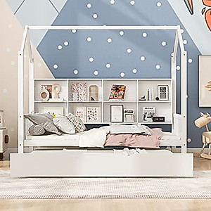 BIADNBZ Twin Size House Bed with Trundle,Wooden Kids Bedframe with Storage Shelf,Roof for Kids/Bedroom,No Box Spring Required,White