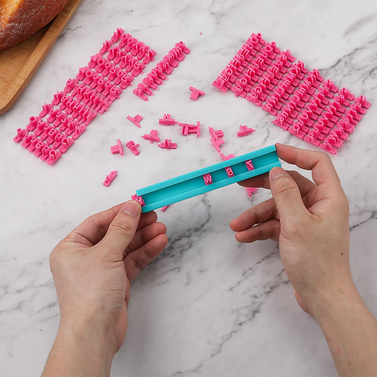 3pcs Alphabet Letter Stamps for Clay with 2pcs Combination Tools, Plastic Number and Letter Stamps for Clay Tiny Cookie Stamp for Biscuit Pottery DIY Projects Pink and Brown