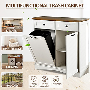 AHB 13 Gallons Tilt Out Trash Cabinet Kitchen Wood Trash Can Cabinet with Hideaway Drawers Freestanding Hidden Garbage Recycling Cabinet Pet Proof Trash Can for Kitchen Living Room, Antique White