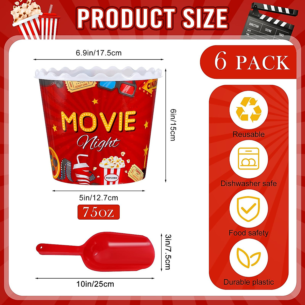 Roshtia 6 Pieces Plastic Popcorn Containers Reusable 75 oz Popcorn Bowl with Popcorn Scoop Retro Style Popcorn Boxes Red Popcorn Plastic Scoop Set for Movie Theater Night (Movie)