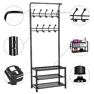 Yaheetech Coat Rack, 3 in 1 Hall Tree with Shoe Storage Bench,Coat Shoe Rack Freestanding with 18 Hooks & a Hanging Rod for Entryway Living Room Bedroom,Metal Frame, Black