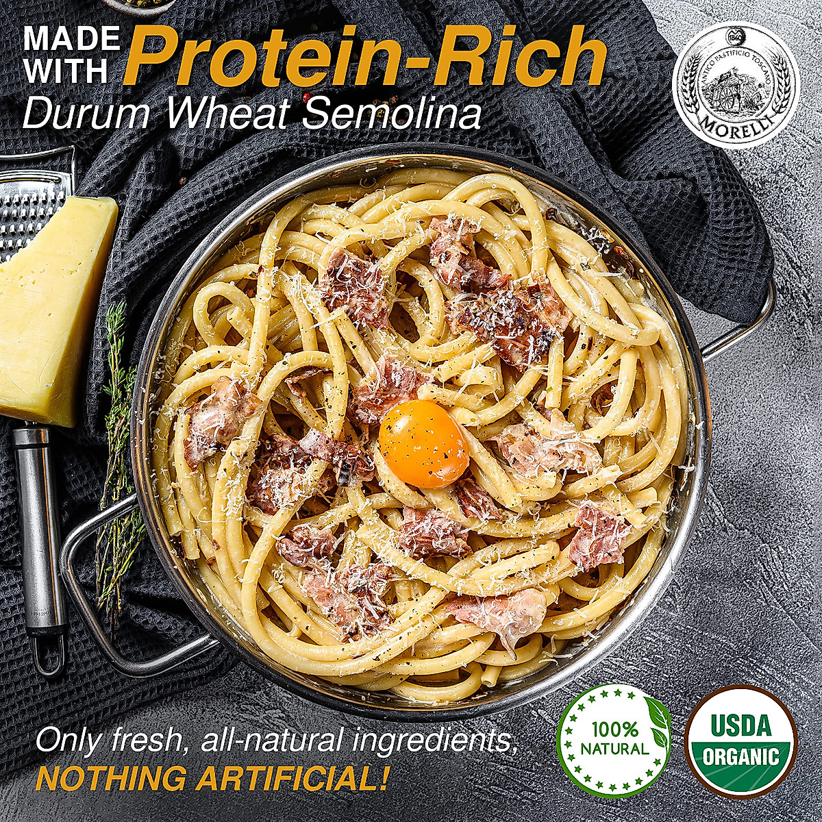 Morelli Bucatini Pasta Noodles - Premium Organic Italian Pasta from Italy - Handcrafted, Family Owned Gourmet Pasta Brand - Durum Wheat Semolina Pasta 17.6oz / 500g - Pack of 2