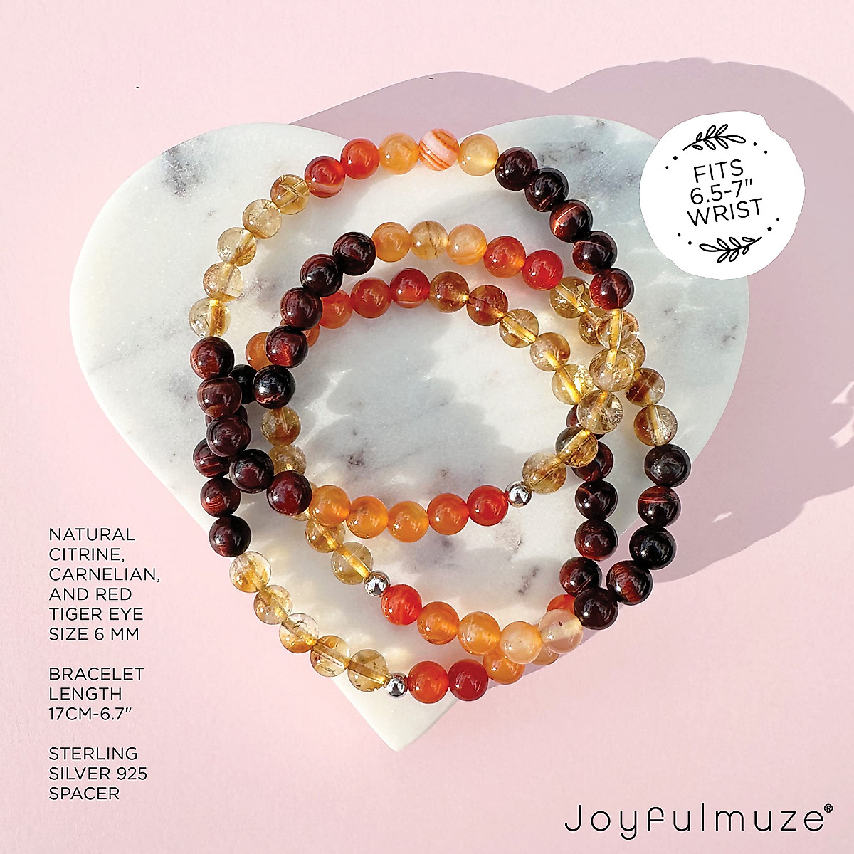 Joyfulmuze Natural Gemstones Stretch Bracelets, Carnelian Quartz, Rutilated Citrine, Red Tiger Eye Stone, Triple Protection Handmade Birthday Gift for Women and Men (Red-Tiger-Eye-Citrine-Carnelian)