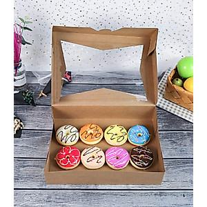 ONE MORE [15-Pack] 14 x10 x 3inch Brown Paperboard Lock Corner Window Bakery Cookie Boxes, Large Container with PVC Windows for Pie and Cookie Box