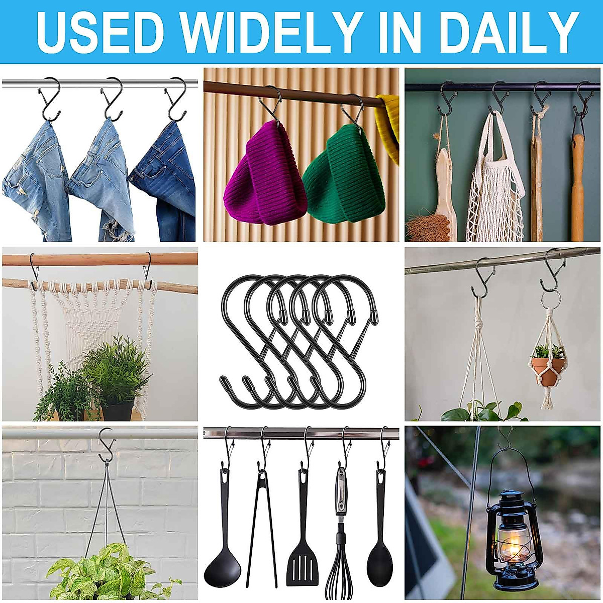 4 Inch S Hooks for Hanging with Safety Buckle, 10 Pcs Heavy Duty Metal S Hooks with Stopper Non Slip, Closet Hooks for Hanging Plants, Clothes, Kitchen Utensil, Pots, Pans, Bags (Black)