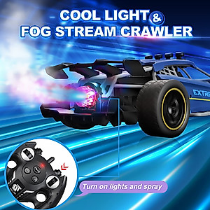 tomser RC Car, Fog Racer Remote Control Car for Kids Racing Hobby Toy with Rear Fog Stream 1:12 4WD Crawler Toy Car Model Vehicle for Boy Girl Adults LED Light Monster Truck with Rechargeable Battery