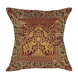 DecorHack by Arusaya Indian Vintage Style Brocade Silk Square Elephant & Peacock Design Throw Pillowcase 17X17 Inch