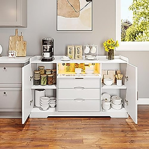YITAHOME Sideboard Buffet, Modern Buffet Cabinet Storage Cabinet with LED Lights, Freestanding Pantry Coffee Bar Cabinet 300 Ibs Capacity for Hallway, Entryway, Kitchen or Living Room, White