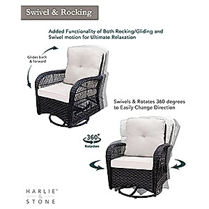 Harlie & Stone Outdoor Swivel Rocker Patio Chairs Set of 2 and Matching Side Table - 3 Piece Wicker Patio Bistro Set with Premium Fabric Cushions Outdoor Furniture (Dark Wicker Chair Beige Cushion)