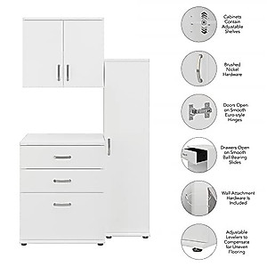 Bush Business Furniture Universal 3 Piece Modular Closet Storage Set with Floor and Wall Cabinets, White